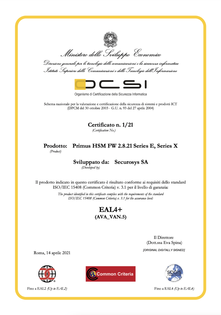 Securosys Primus HSM now Common Criteria EAL4+ certified
